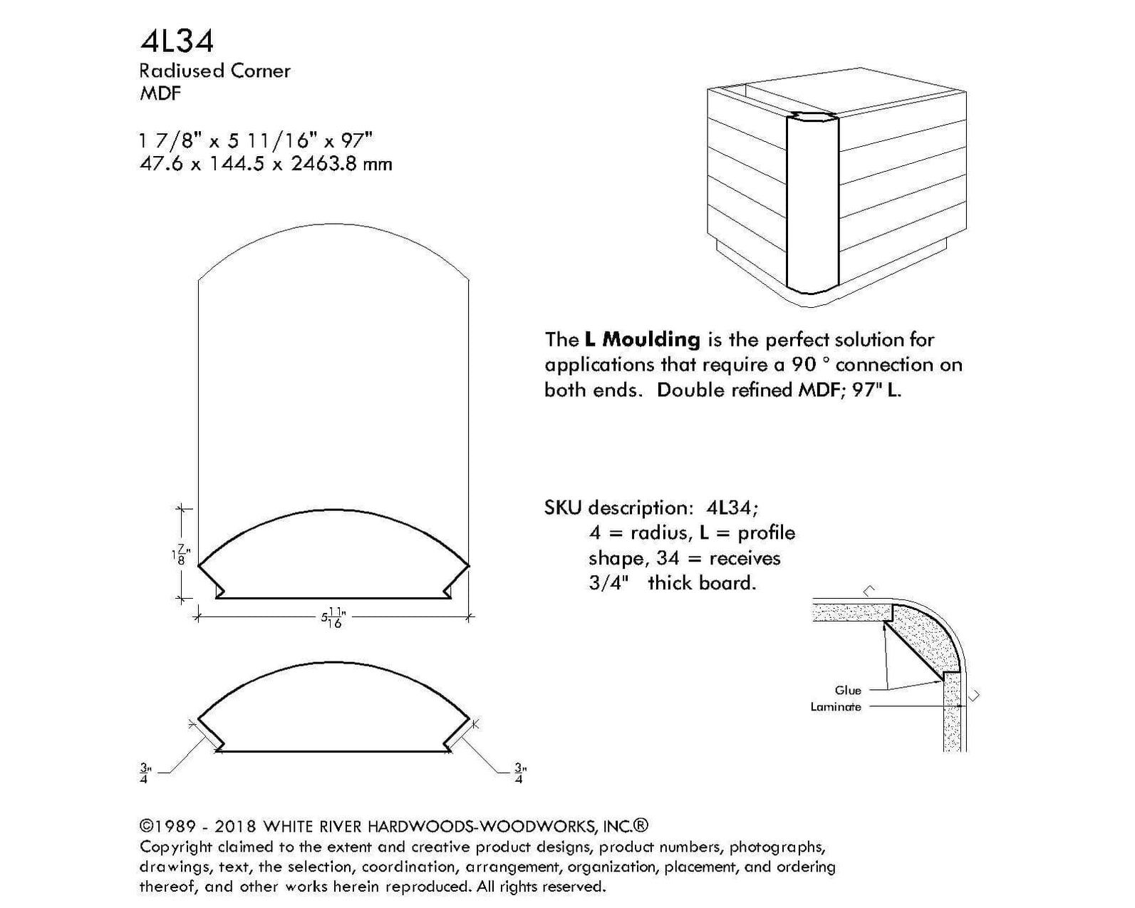 MDF Radius Corners, L Corner (accepts 3/4" plywood), 4" Radius, 5 11/1 ...